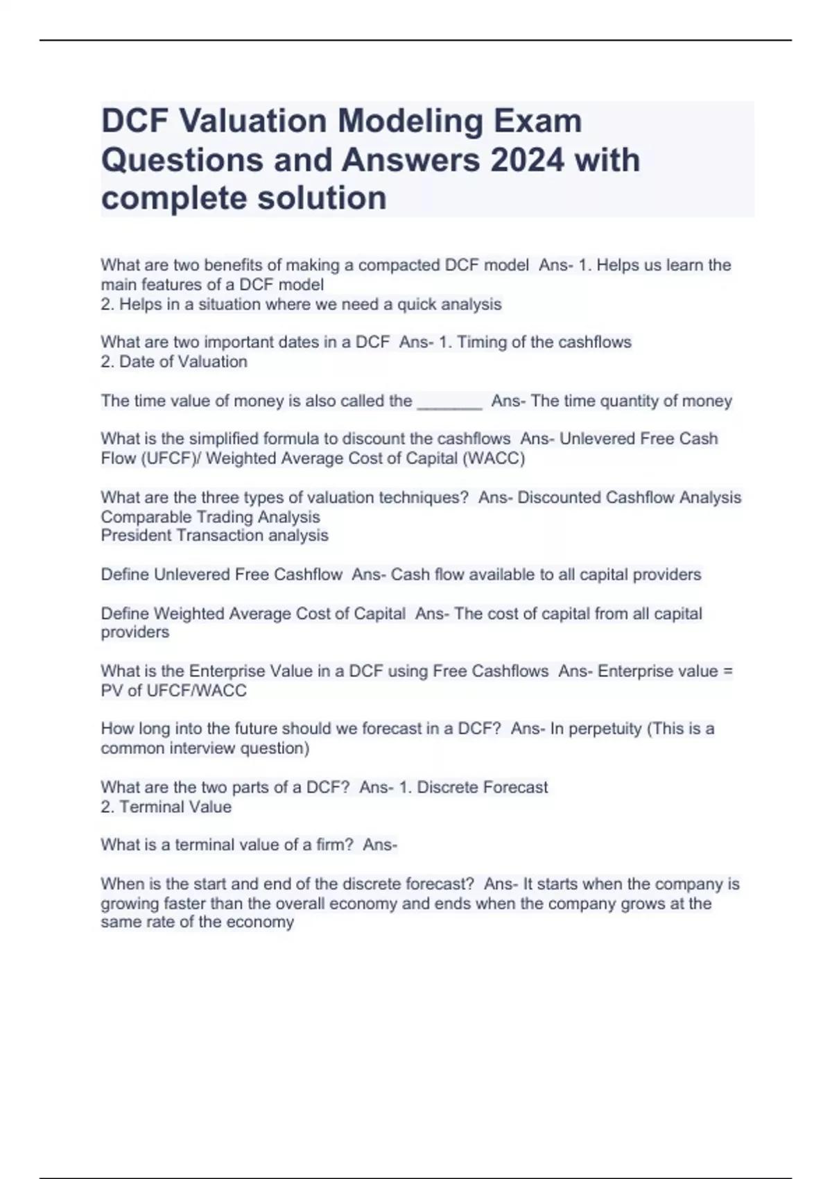 DCF Valuation Modeling Exam Questions and Answers 2024 with complete ...