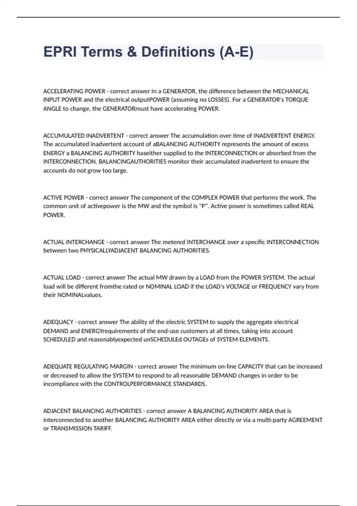 EPRI Terms & Definitions (A-E) Question and answers already passed 2023/2024 - EPRI - Stuvia US