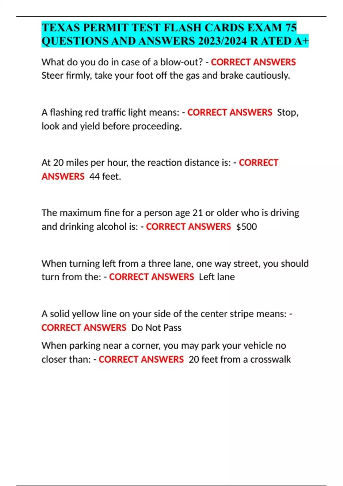 TEXAS PERMIT TEST FLASH CARDS EXAM 75 QUESTIONS AND ANSWERS 2023 2024 R TEXAS PERMIT TEST FLASH CARDS EXAM 75 QUESTIONS AND ANSWERS 2023 2024 R