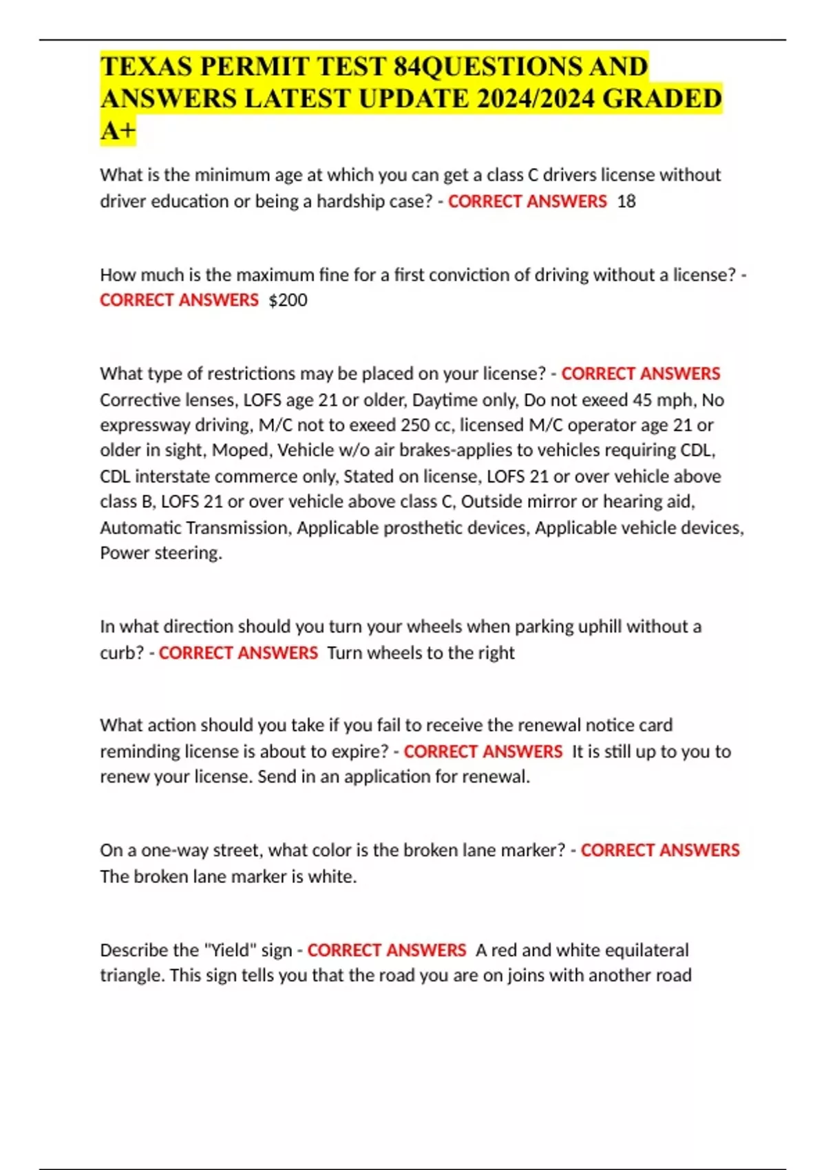 TEXAS PERMIT TEST 84QUESTIONS AND ANSWERS LATEST UPDATE 2024 2024 TEXAS PERMIT TEST 84QUESTIONS AND ANSWERS LATEST UPDATE 2024 2024