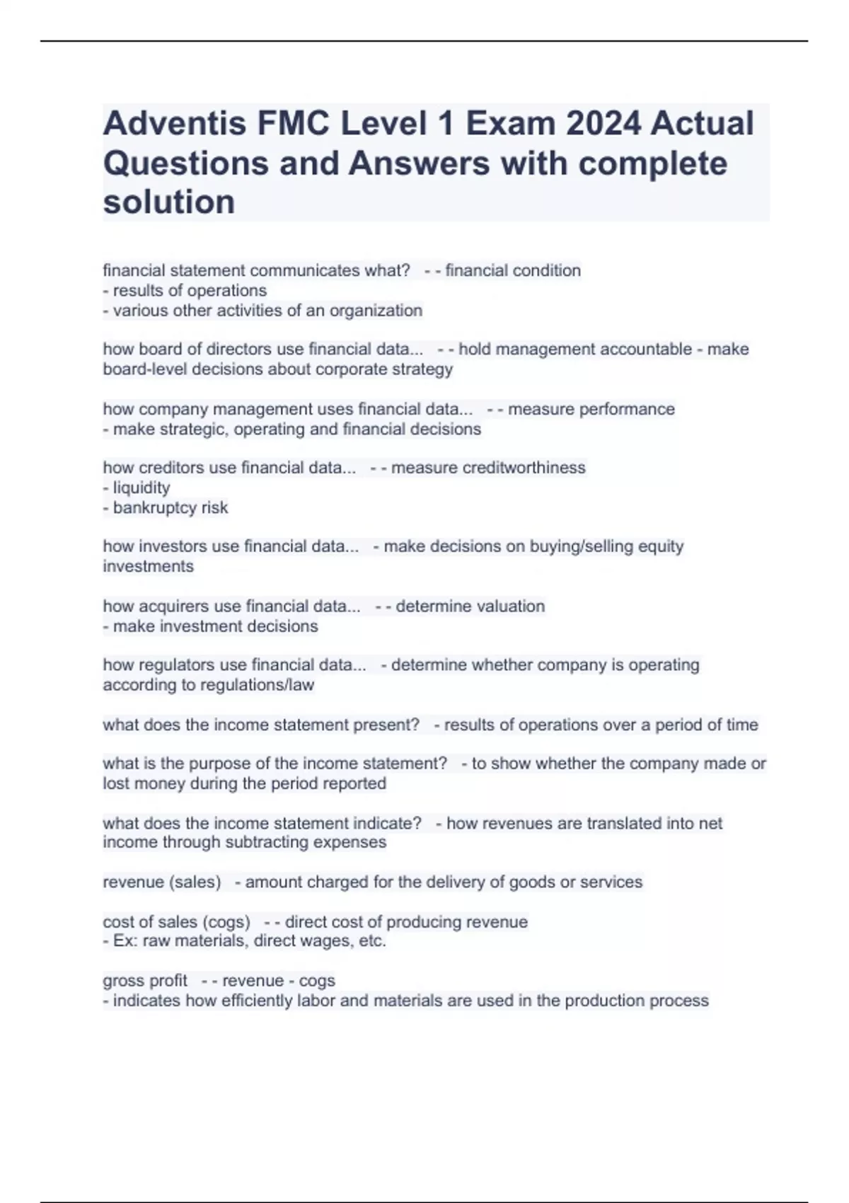 Adventis FMC Level 1 Exam 2024 Actual Questions and Answers with ...