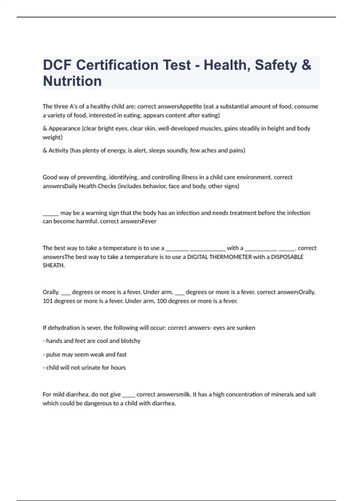 DCF Certification Test - Health, Safety & Nutrition exam 2023/2024 with ...