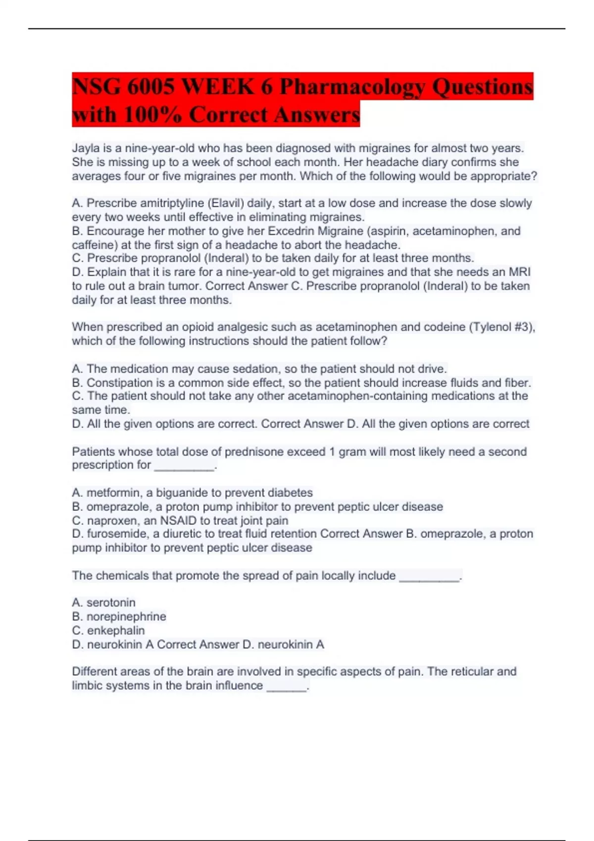 NSG 6005 WEEK 6 Pharmacology Questions with 100% Correct Answers - NSG 6005 - Stuvia US