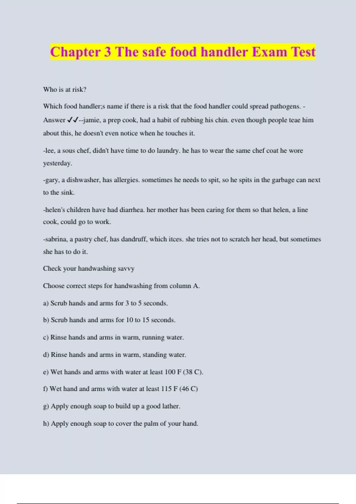 Chapter 3 The safe food handler Exam Test - Texas food manager ...