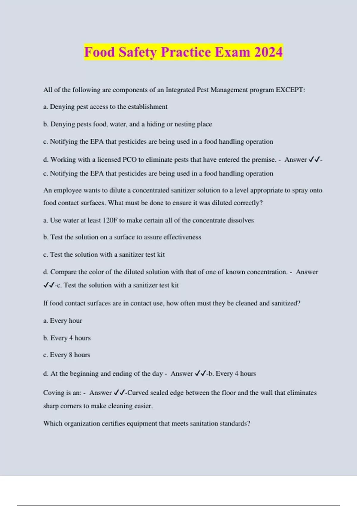 Food Safety Practice Exam 2024 - Texas food manager certification ...