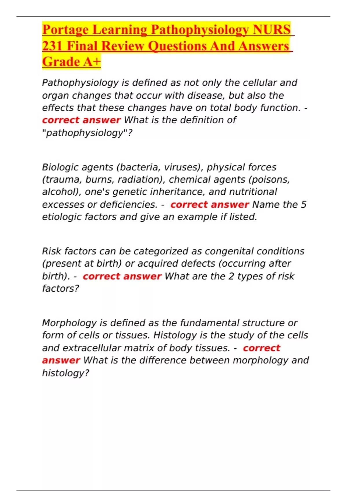 Portage Learning Pathophysiology NURS 231 Final Review Questions And ...