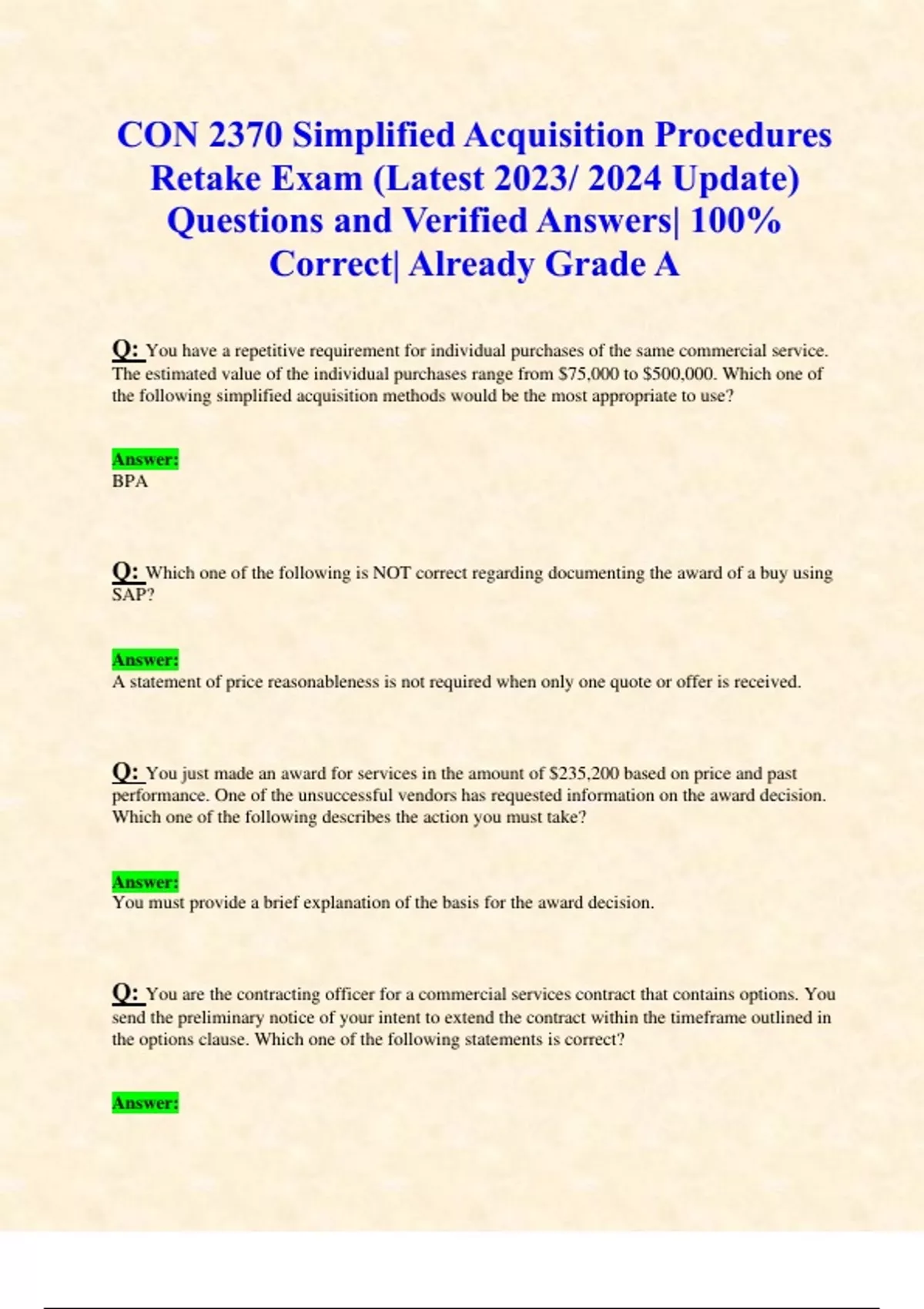 CON 2370 Simplified Acquisition Procedures Retake Exam (Latest 2023/ ...