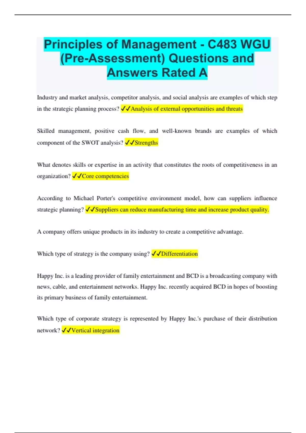 Principles of Management - C483 WGU (Pre-Assessment) Questions and ...