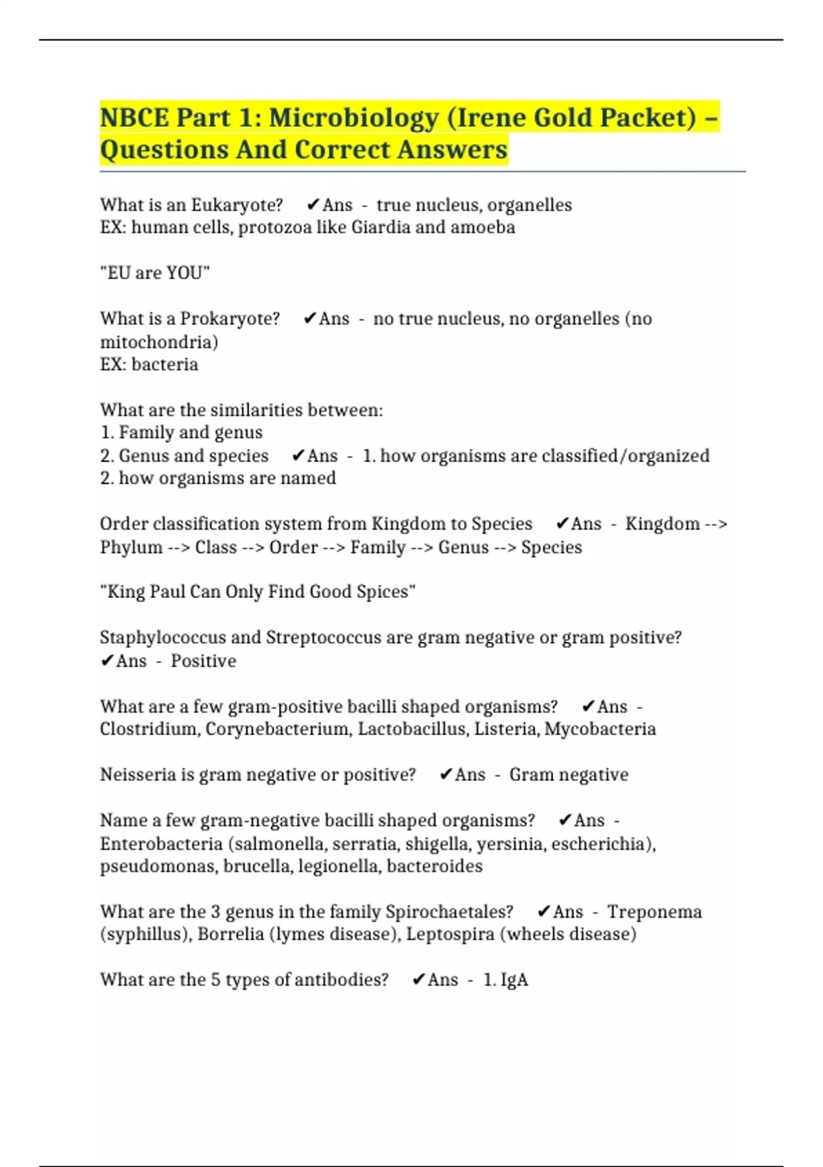 NBCE Part 1: Microbiology (Irene Gold Packet) – Questions And Correct ...