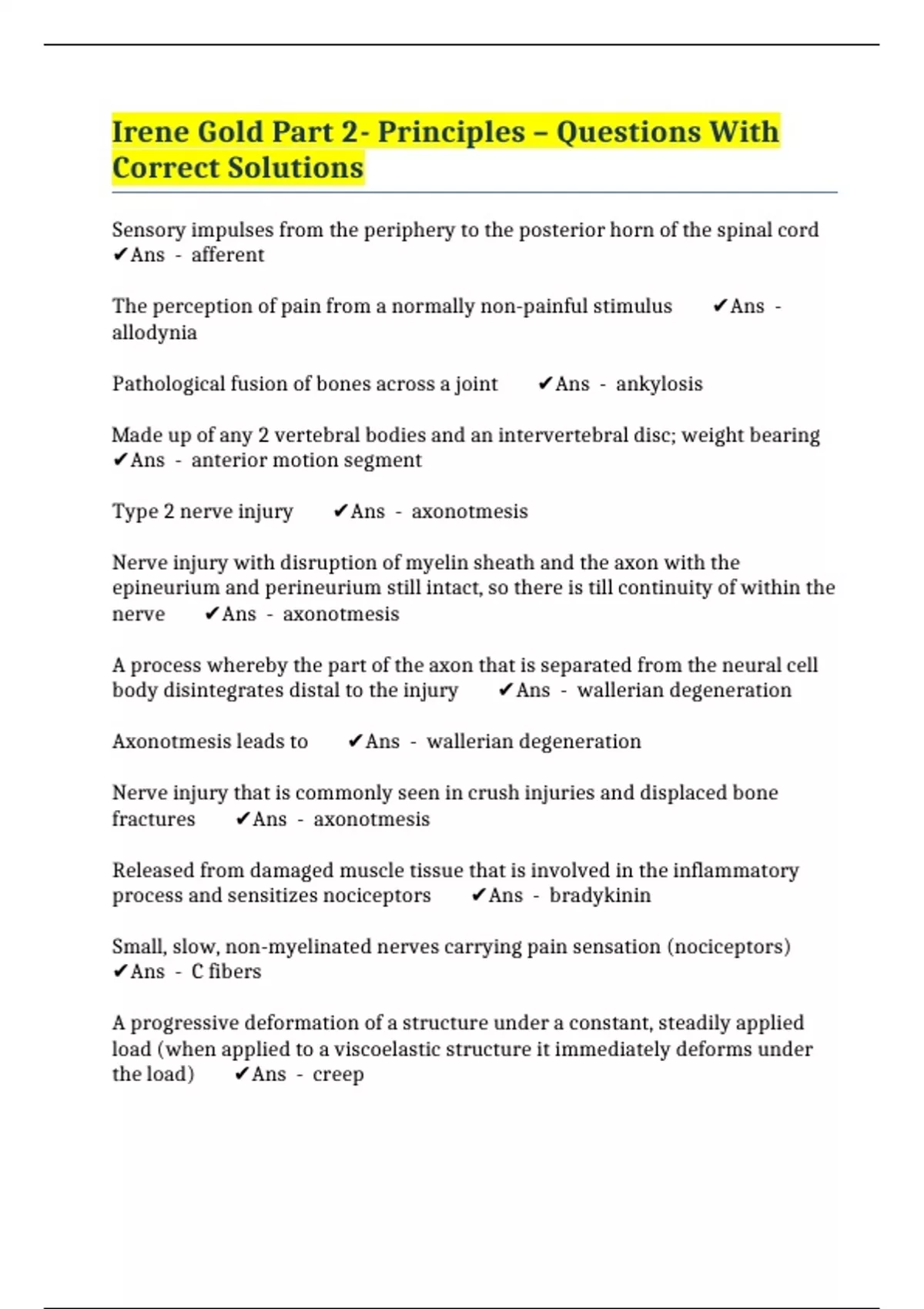 Irene Gold Part 2- Principles – Questions With Correct Solutions - IRENE GOLD - Stuvia