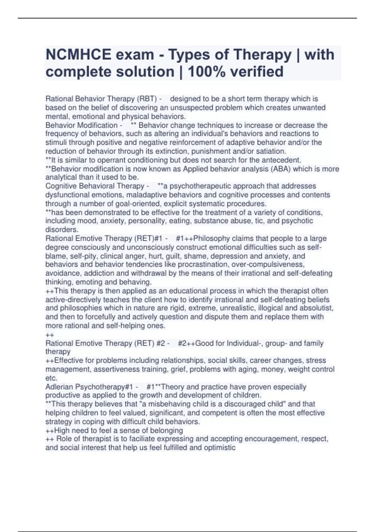 NCMHCE exam - Types of Therapy | with complete solution | 100% verified ...