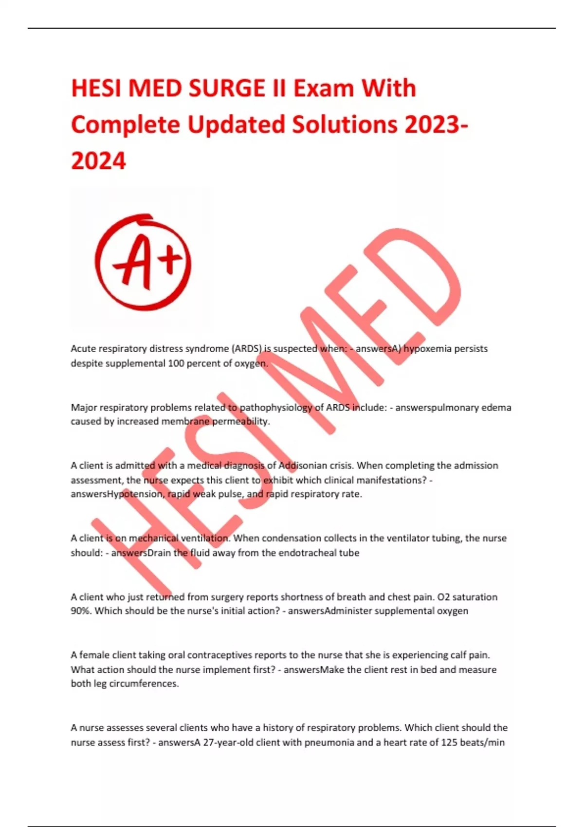 HESI MED SURGE II Exam With Complete Updated Solutions - HESI MED ...