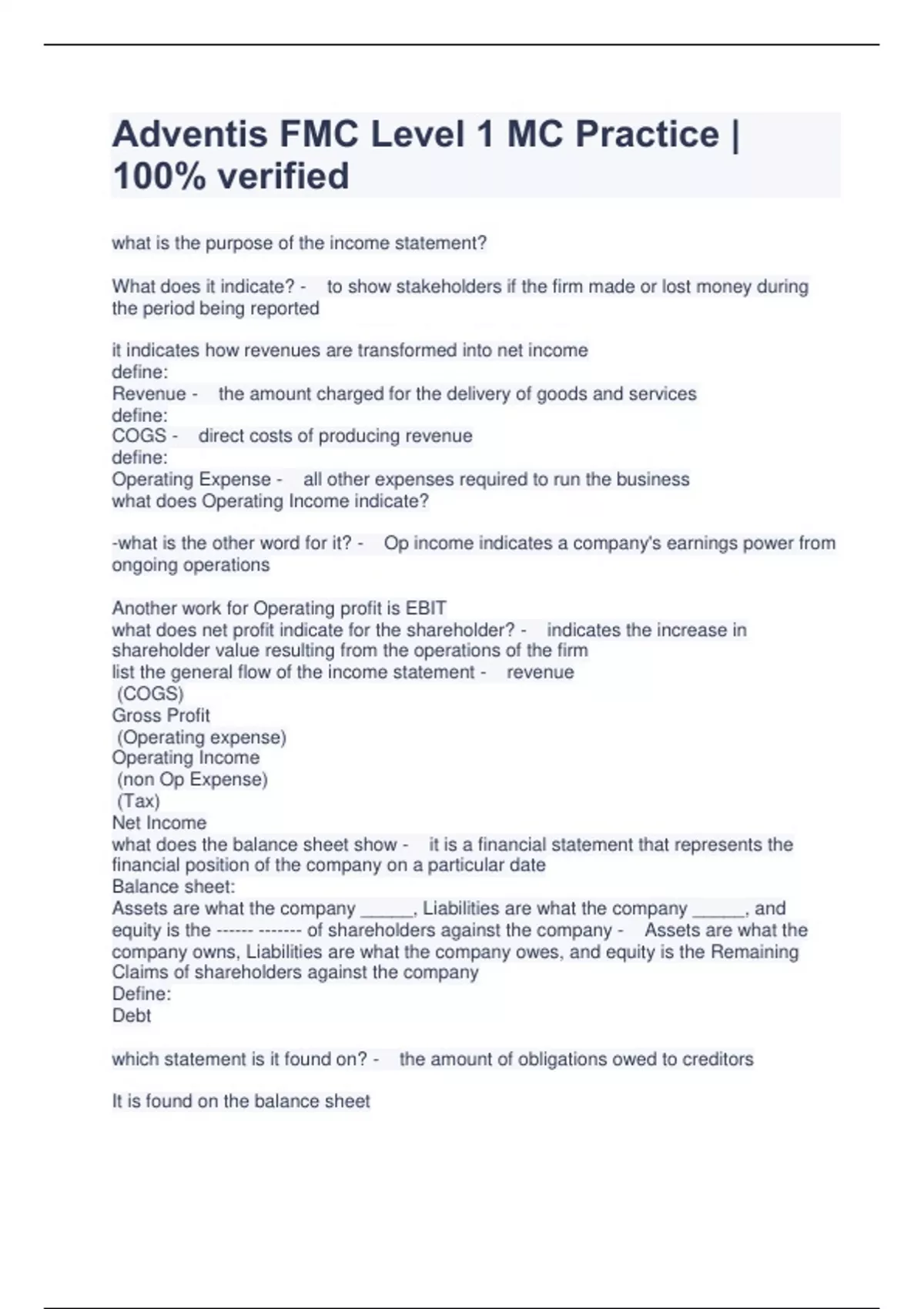 Adventis FMC Level 1 MC Practice | 100% verified - Adventis FMC Level 1 ...