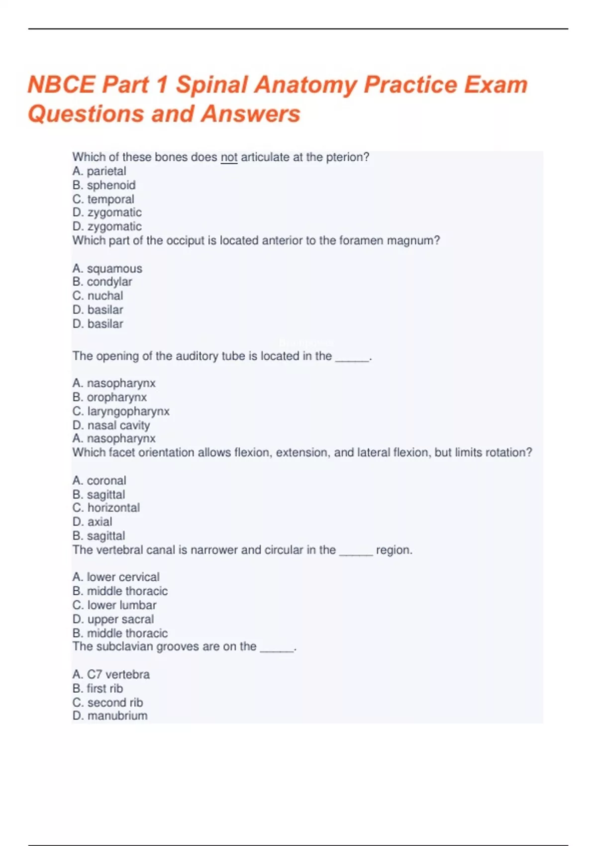 NBCE Part I Spinal Anatomy Practice Exam | Questions and Answers 2024 ...