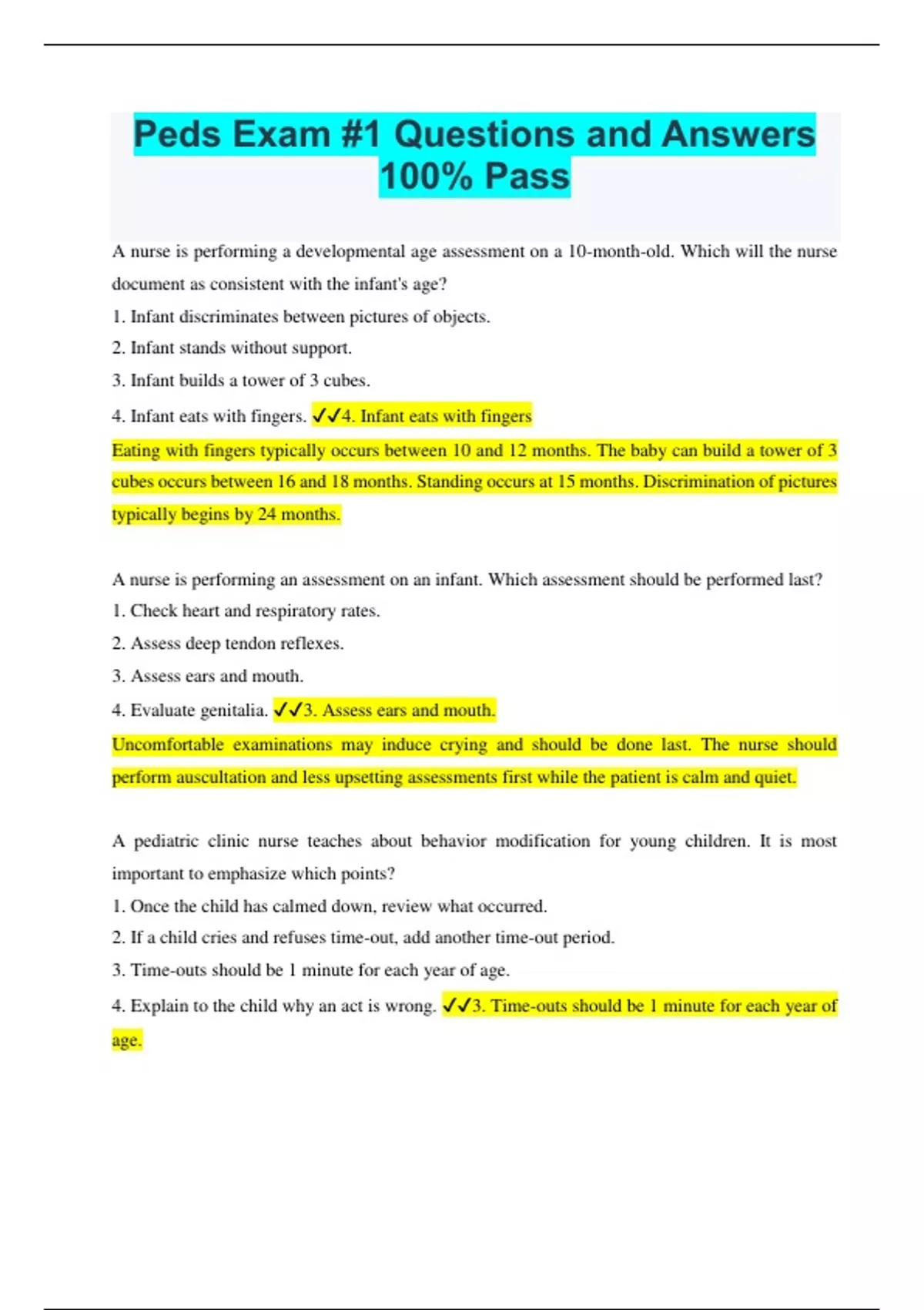 Peds Exam #1 Questions and Answers 100% Pass - PEDS - Stuvia US
