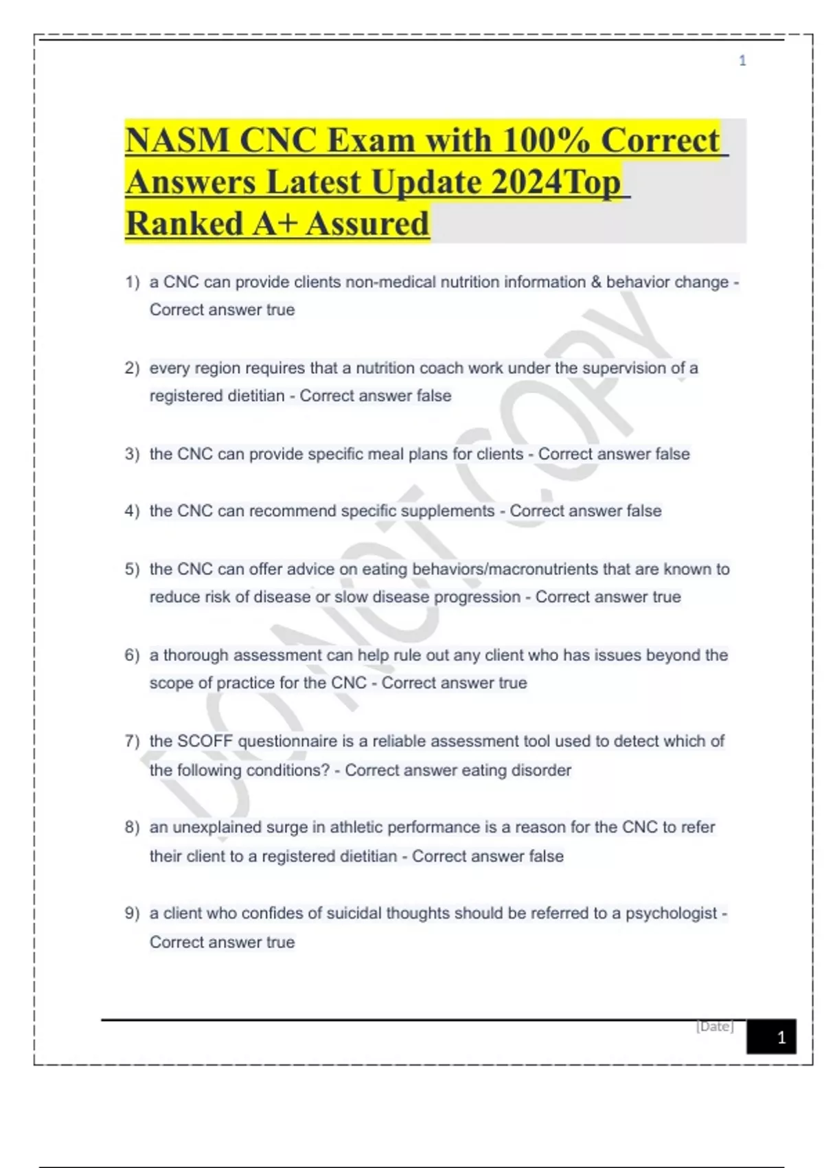NASM CNC Exam with 100% Correct Answers Latest Update 2024Top Ranked A+ ...