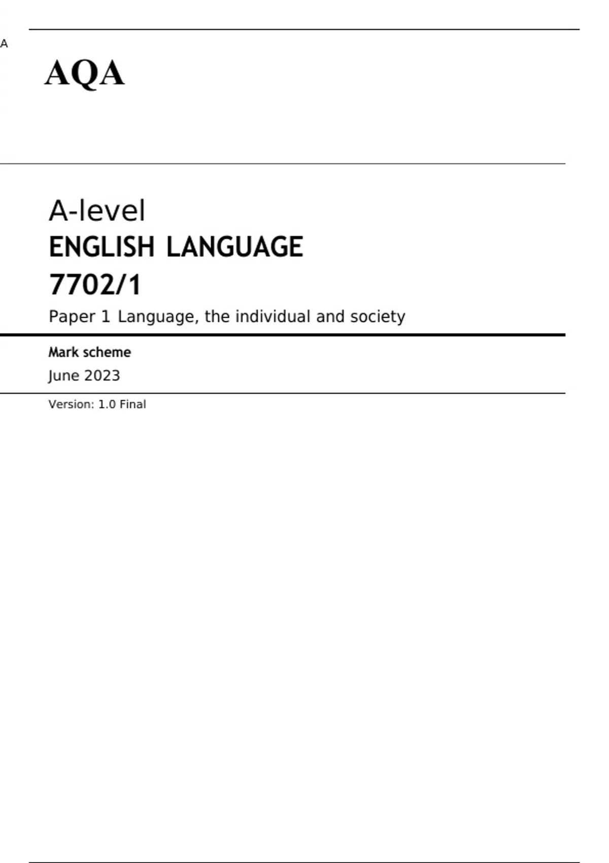 AQA A-level ENGLISH LANGUAGE Paper 1 JUNE 2023 QUESTION PAPER AND MARK ...