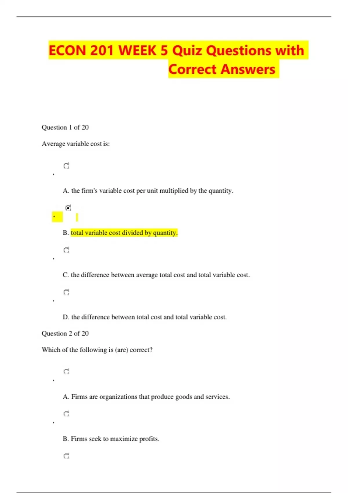 ECON 201 WEEK 5 Quiz Questions with Correct Answers - ECON 201 - Stuvia US