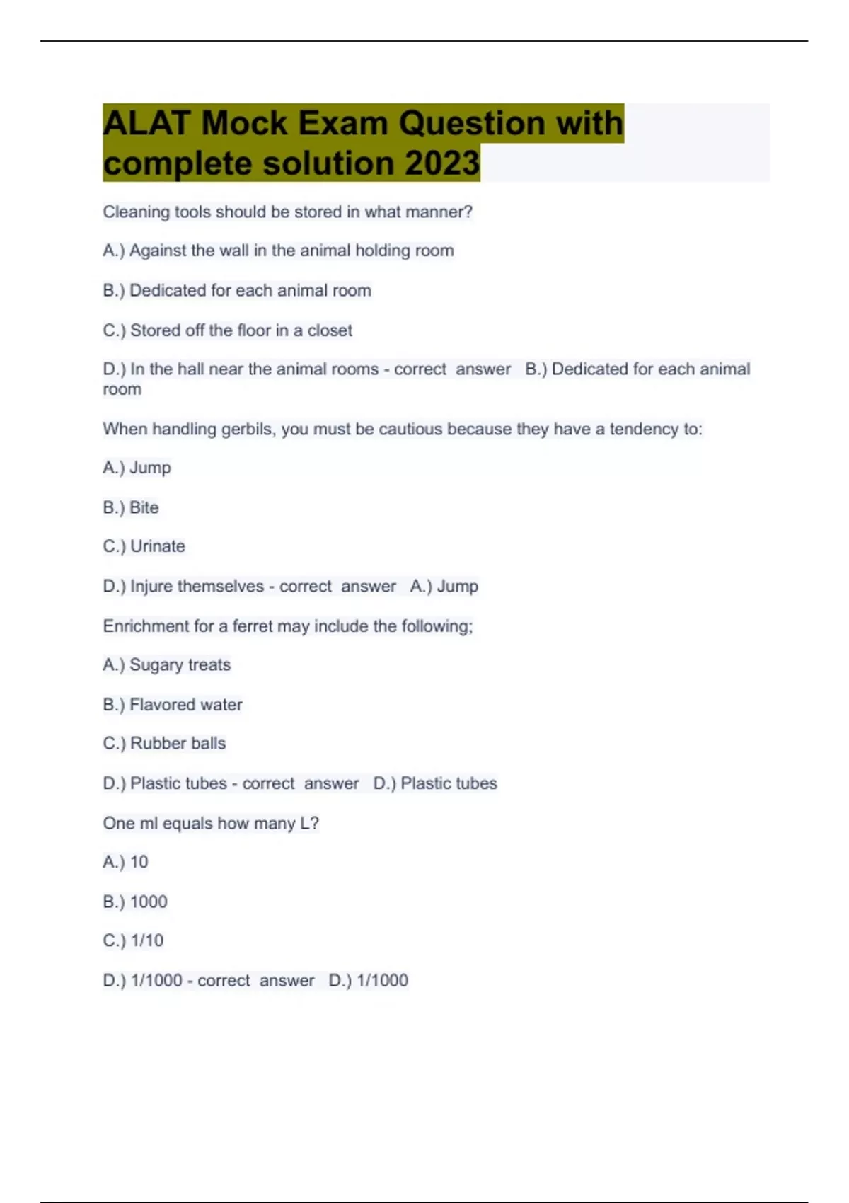ALAT Mock Exam Question with complete solution 2023/2024 - ALAT - Stuvia US