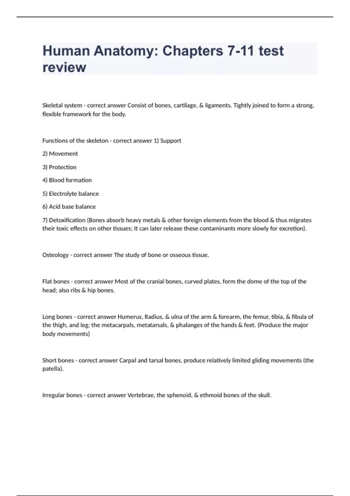 Human Anatomy Chapters 7-11 test review A Question and answers 100% ...