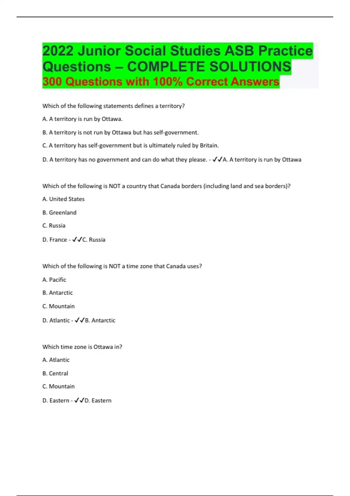 2022 Junior Social Studies ASB Practice Questions – COMPLETE SOLUTIONS 300 Questions with 100% ...