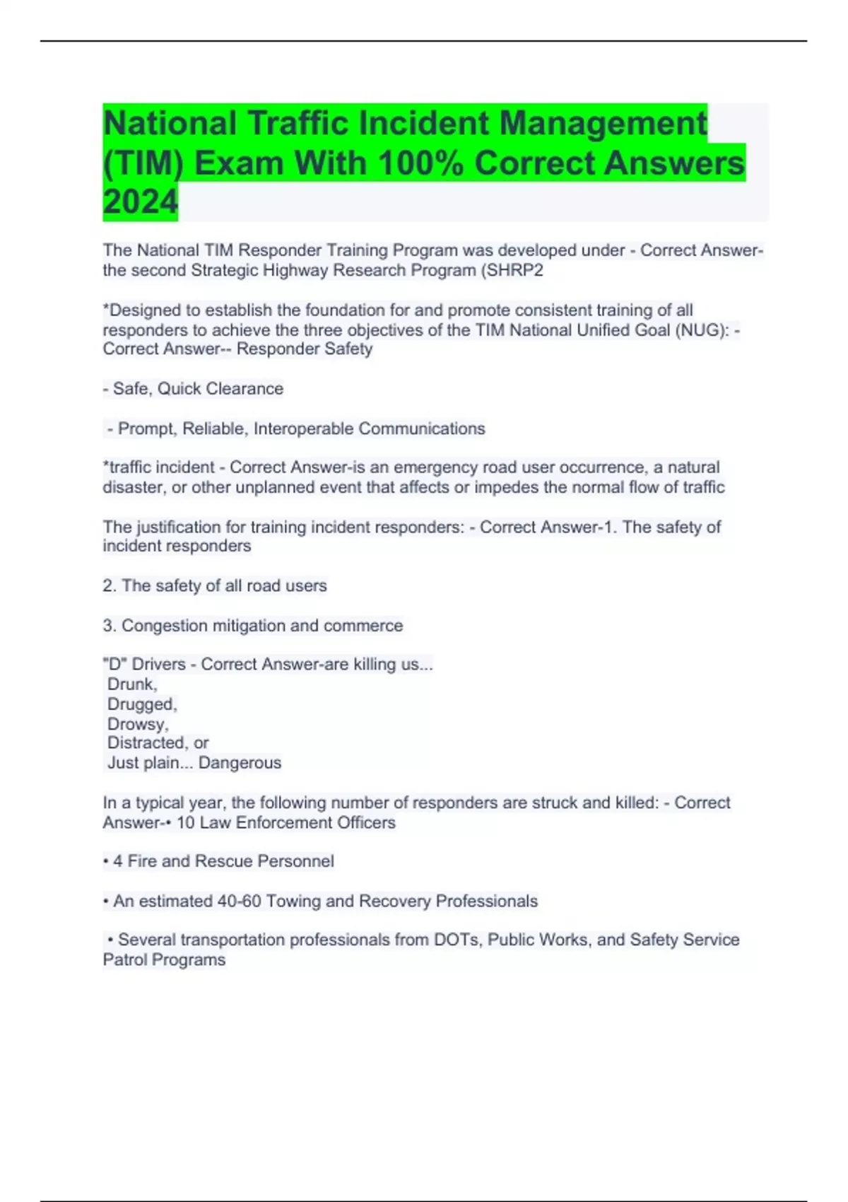 National Traffic Incident Management (TIM) Exam With 100% Correct ...