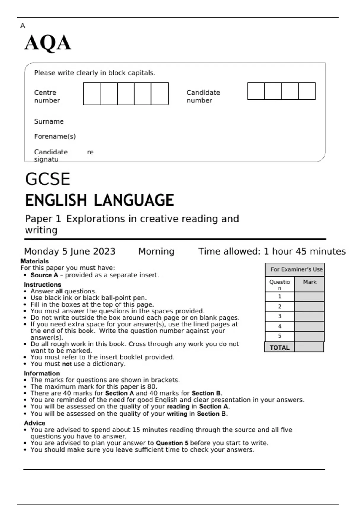 OCR GCSE (9–1) English Language Paper 1 and 2 JUNE 2024 QUESTION PAPERS ...