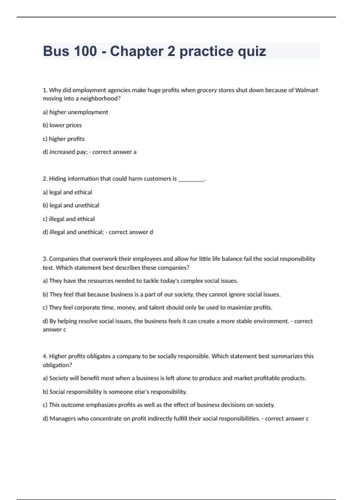Bus 100 - Chapter 2 practice quiz Questions with complete solution 2023 ...