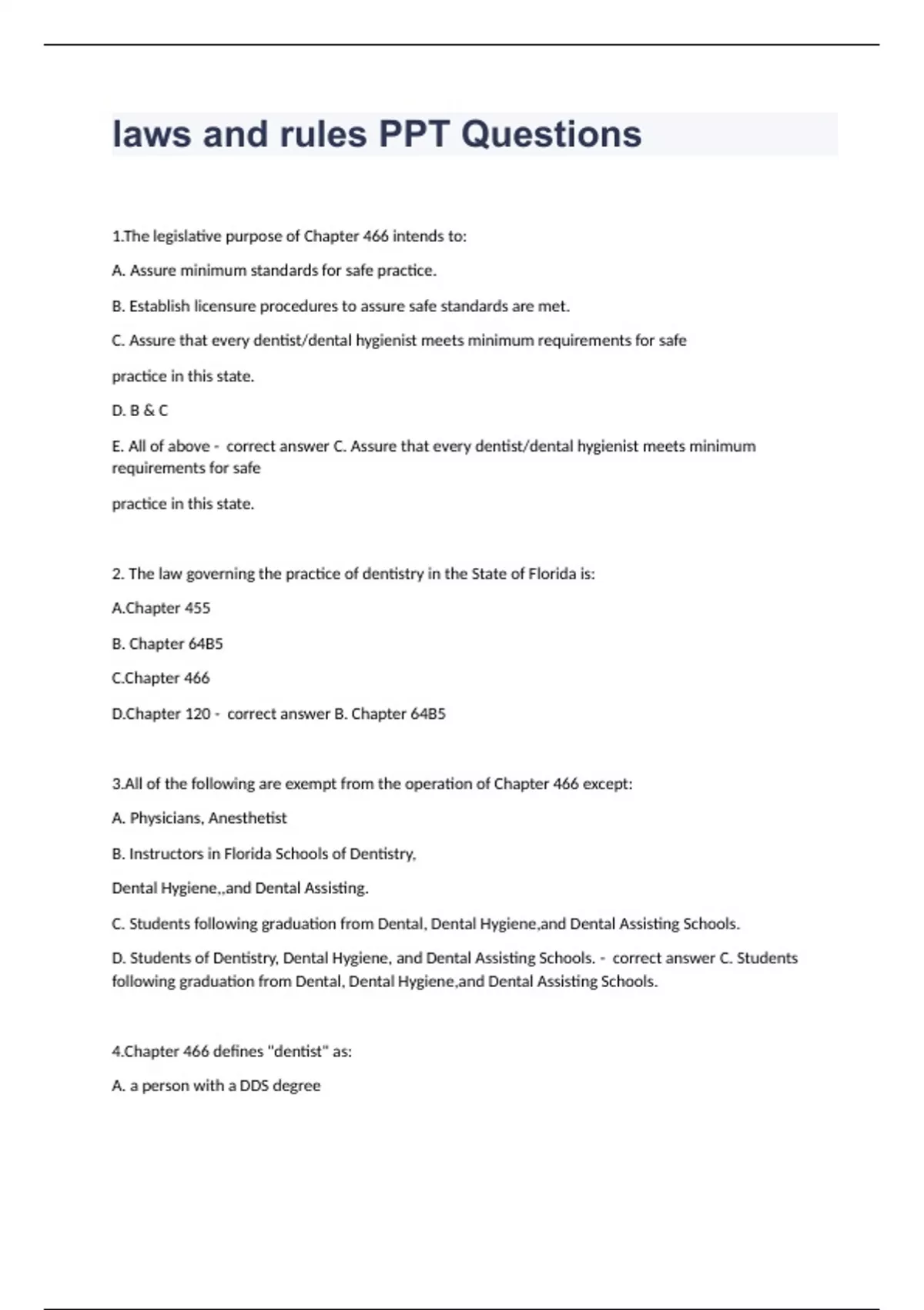 laws and rules PPT Questions with complete solution 2023/2024 - FLORIDA ...