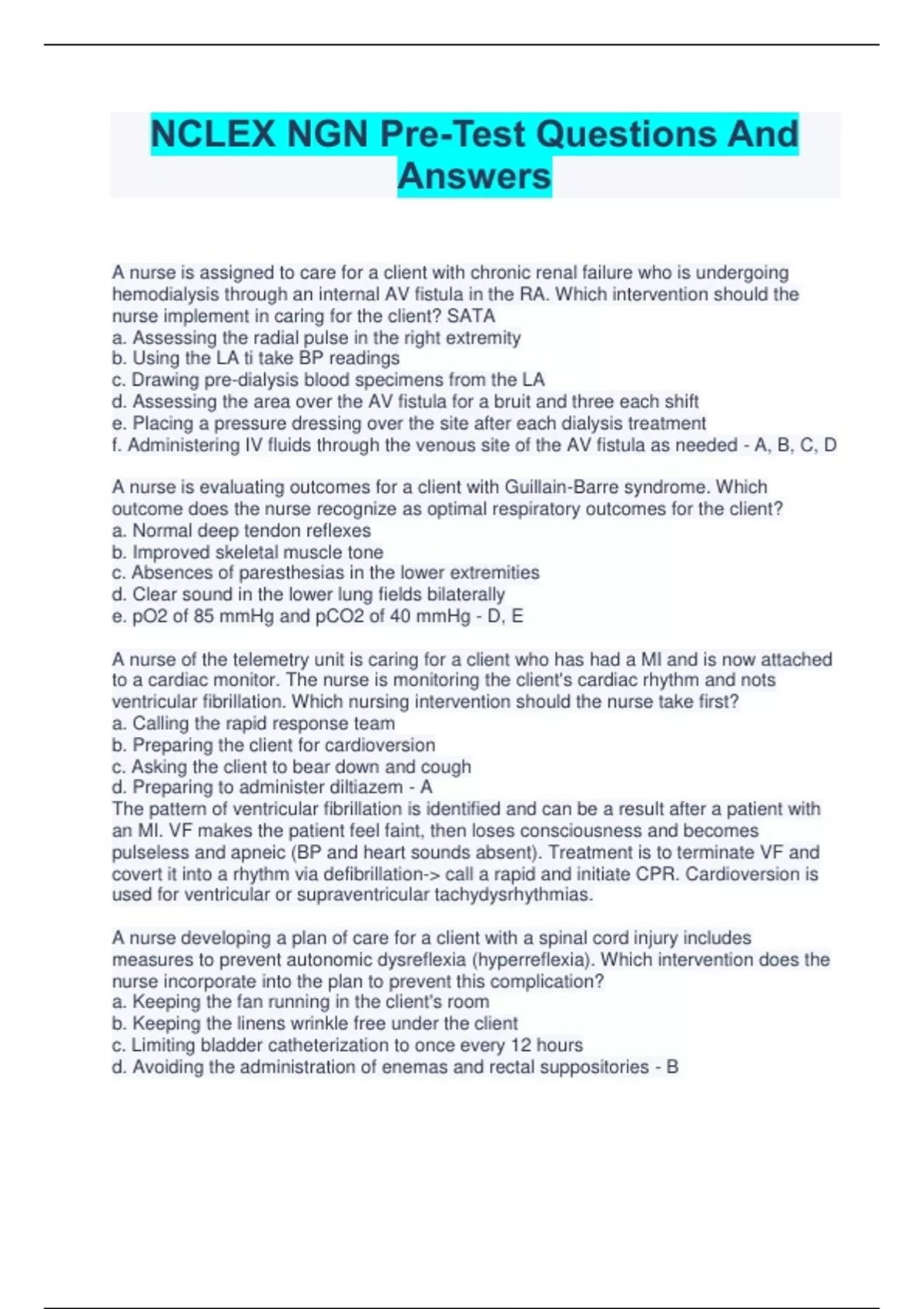 NCLEX NGN Pre-Test Questions And Answers - NCLEX NGN - Stuvia US