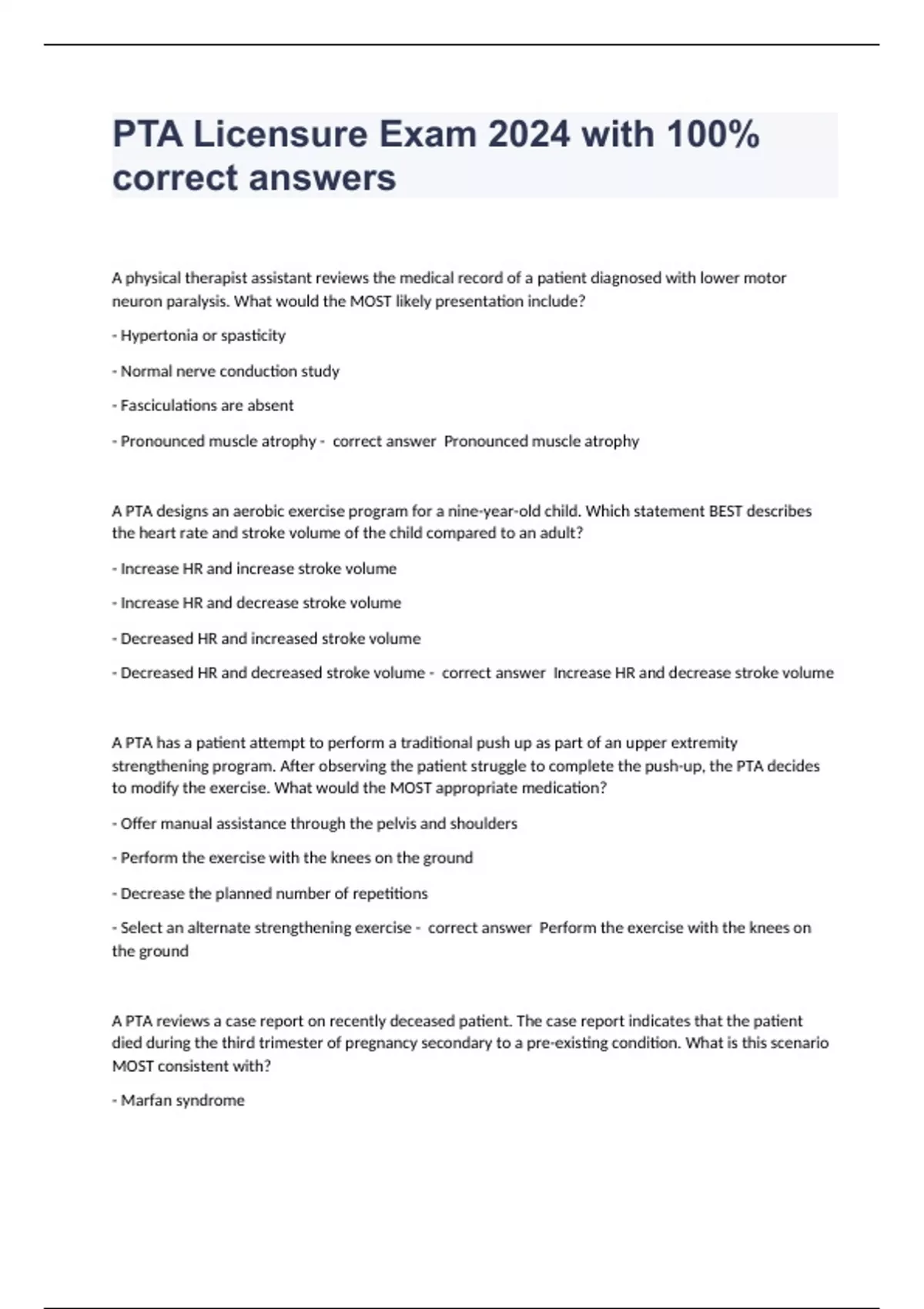 PTA Licensure Exam 2024 with 100% correct answers - PTA - Stuvia US