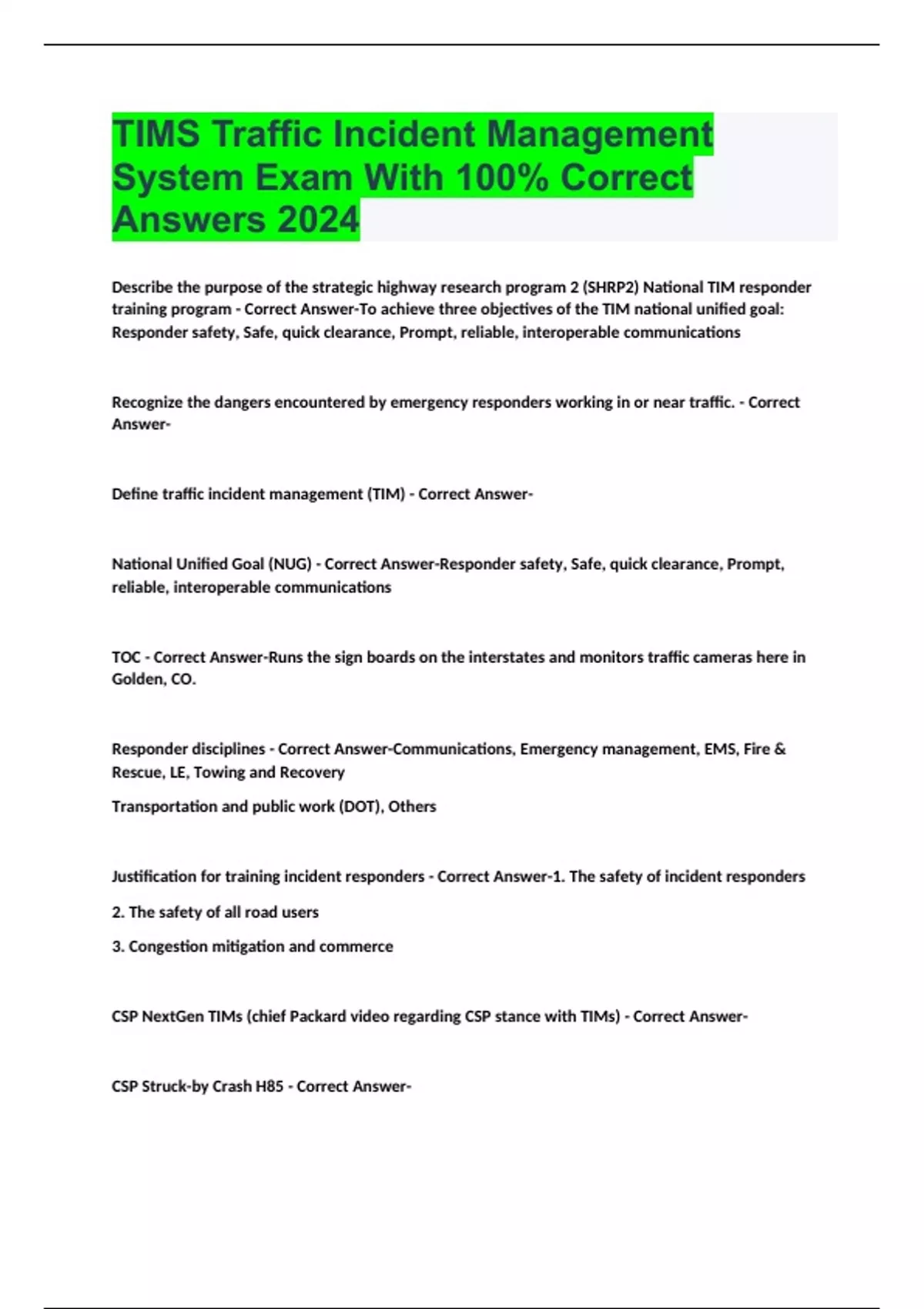 TIMS Traffic Incident Management System Exam With 100% Correct Answers ...