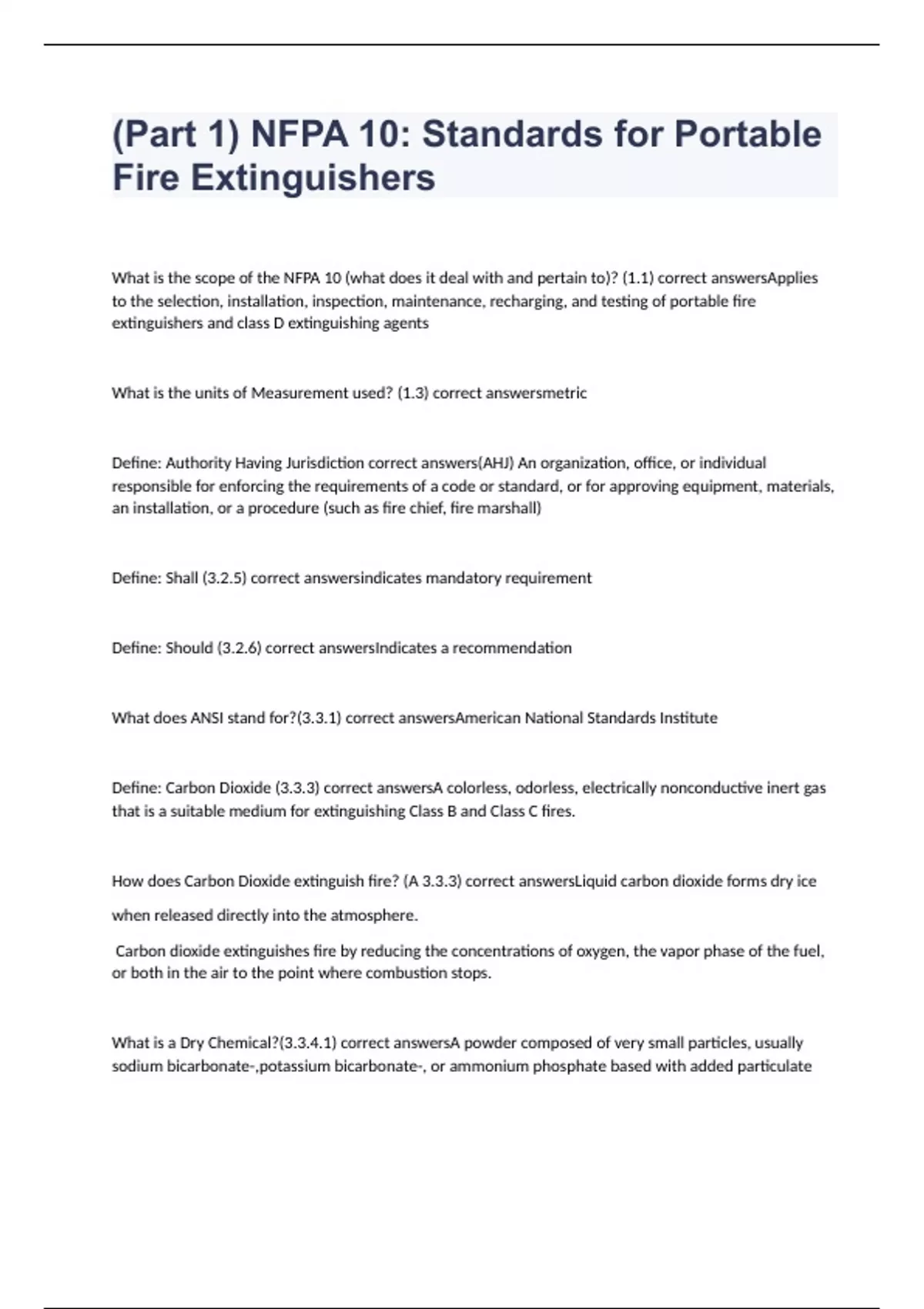 (Part 1) NFPA 10: Standards for Portable Fire Extinguishers exam 2023/2024 with 100% correct ...