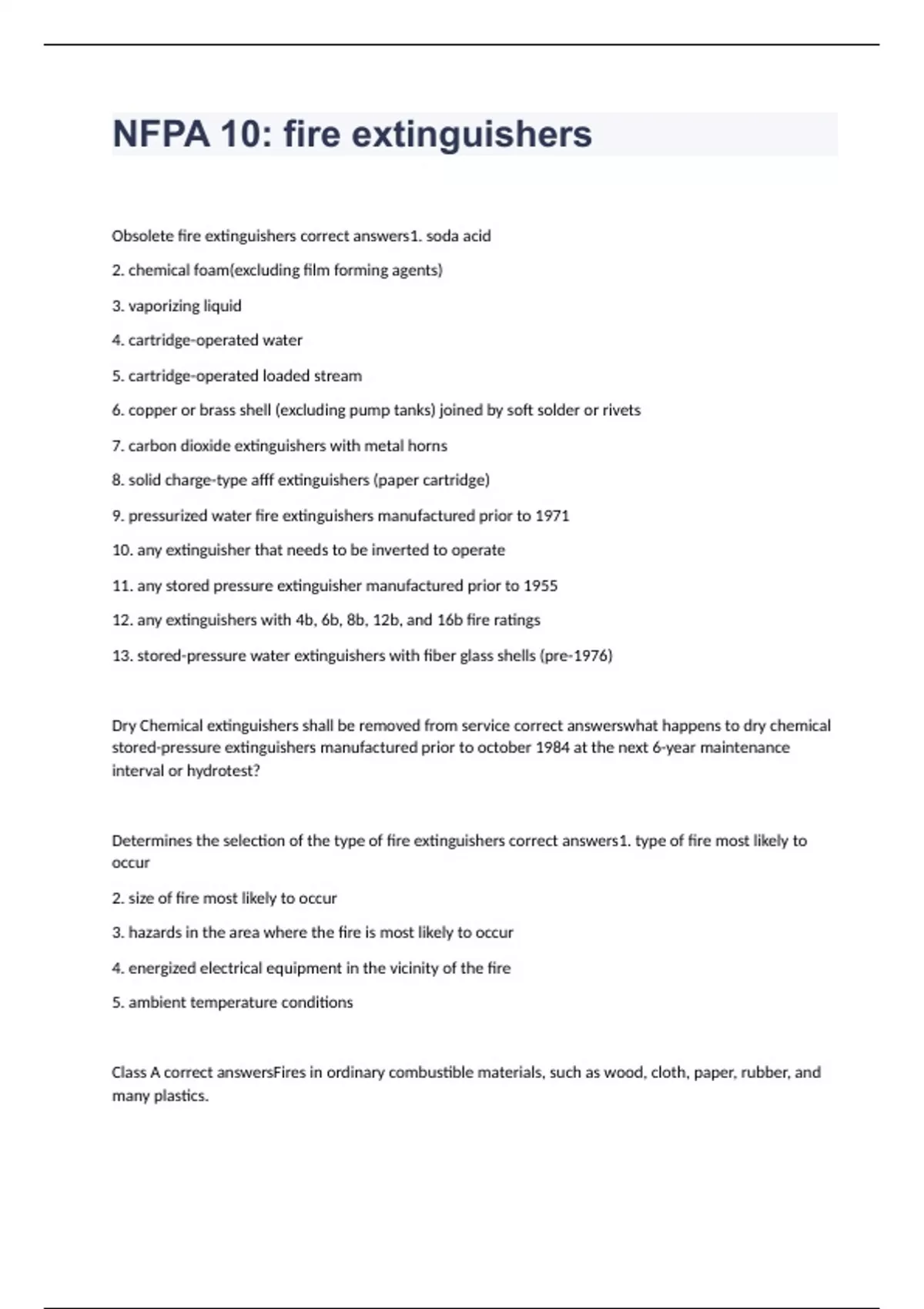 NFPA 10: fire extinguishers exam with 100% correct answers - NFPA 10 ...
