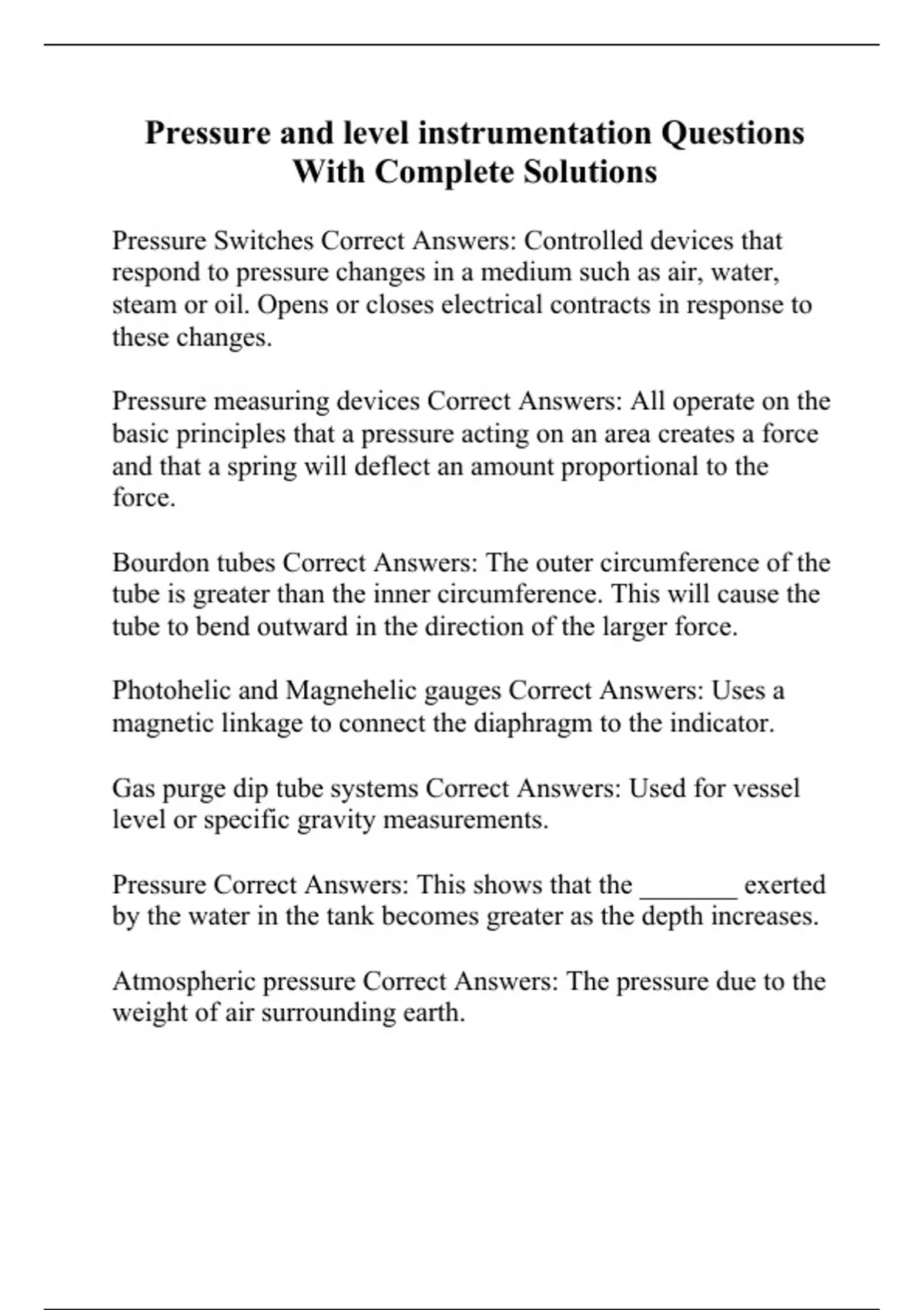 Pressure and level instrumentation Questions With Complete Solutions ...