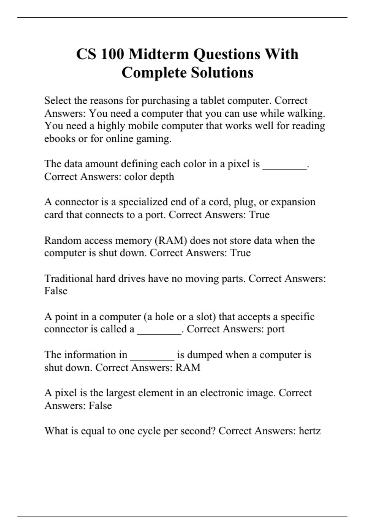 CS 100 Midterm Questions With Complete Solutions - CS 100 - Stuvia US