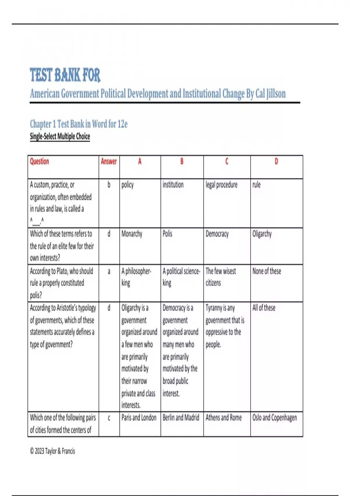 Test Bank for American Government Political Development and ...