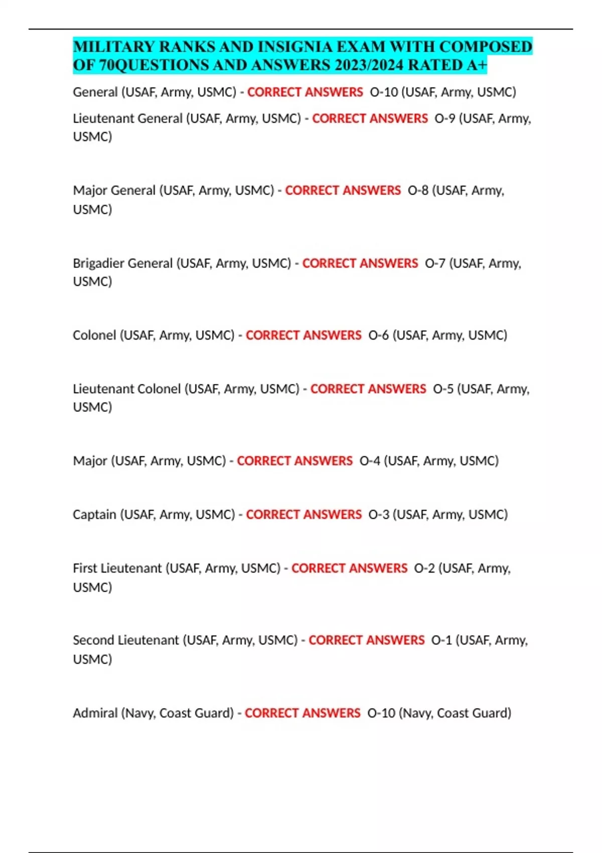 MILITARY RANKS AND INSIGNIA EXAM WITH COMPOSED OF 70QUESTIONS AND ...