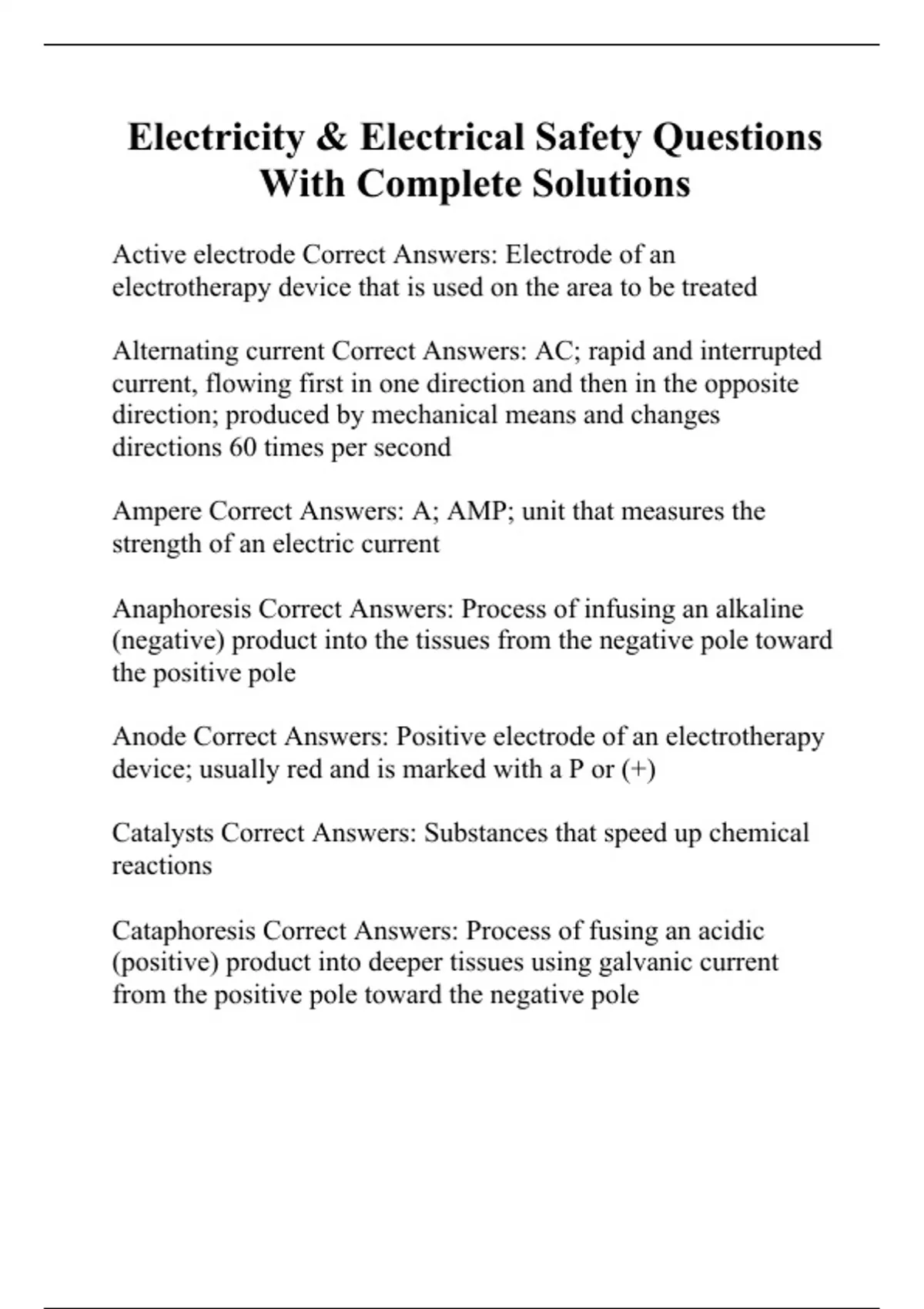 Electricity & Electrical Safety Questions With Complete Solutions ...