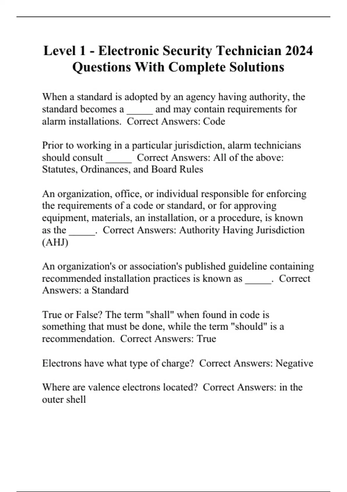 Level 1 - Electronic Security Technician Questions With Complete ...