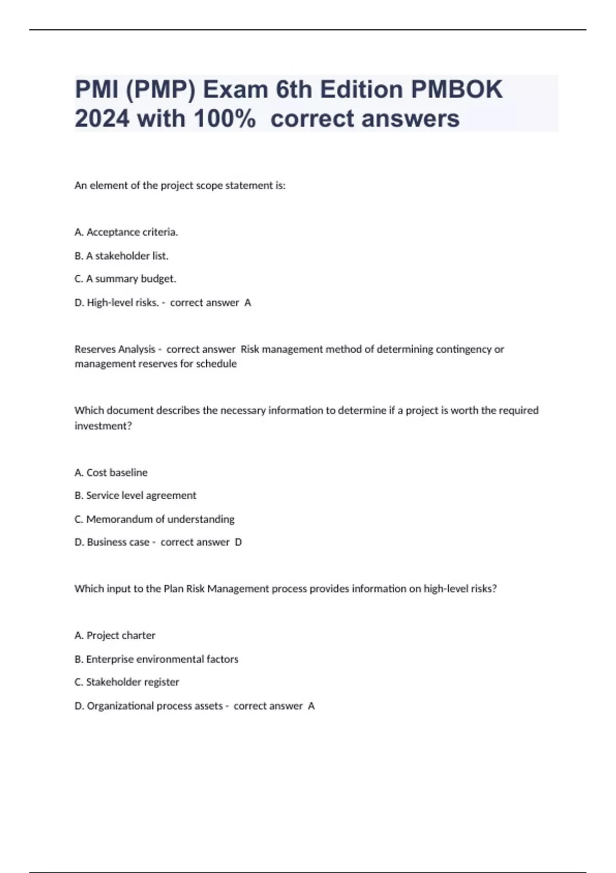 PMI (PMP) Exam 6th Edition PMBOK 2024 with 100% correct answers - PMP ...