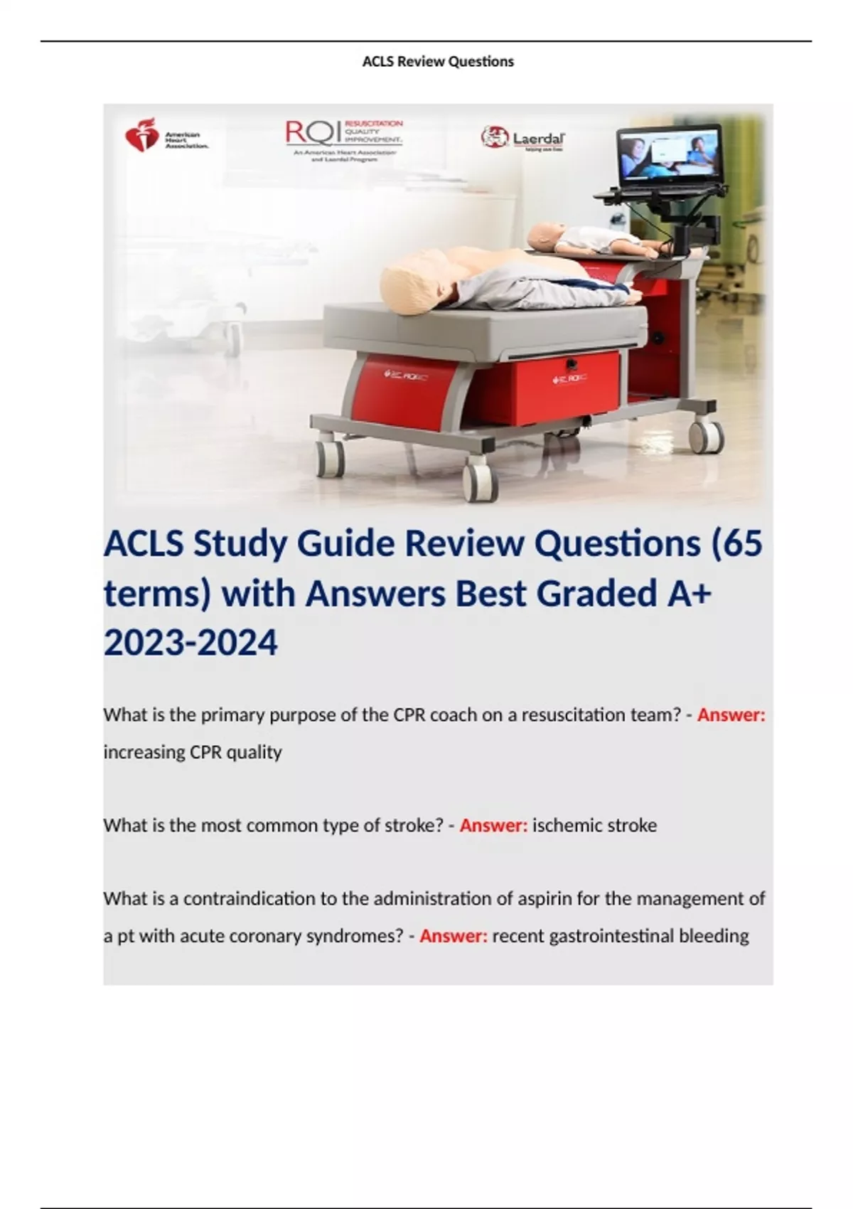 ACLS Study Guide Review Questions (65 terms) with Answers Best Graded ...