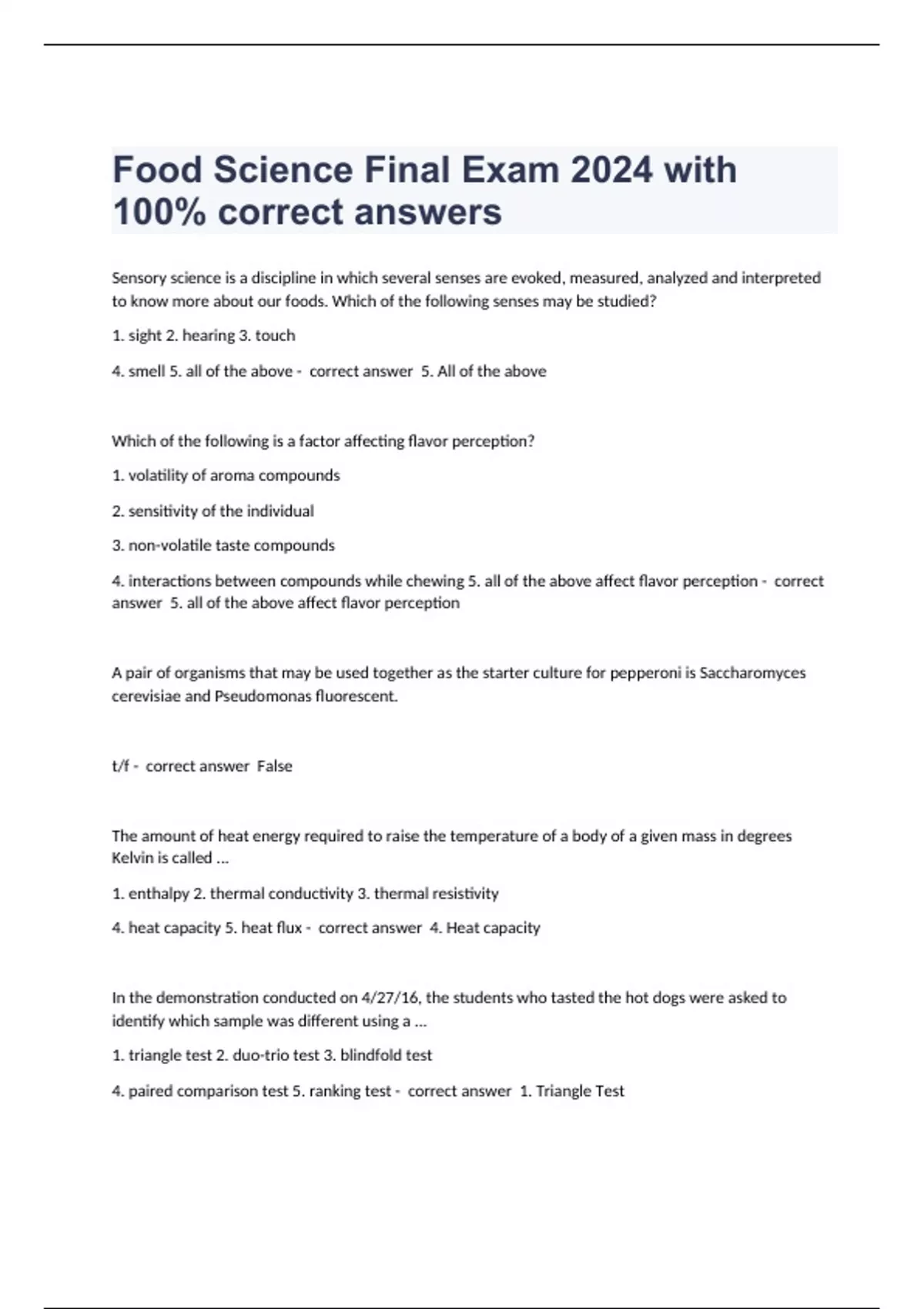 Food Science Final Exam 2024 with 100% correct answers - Food Science ...