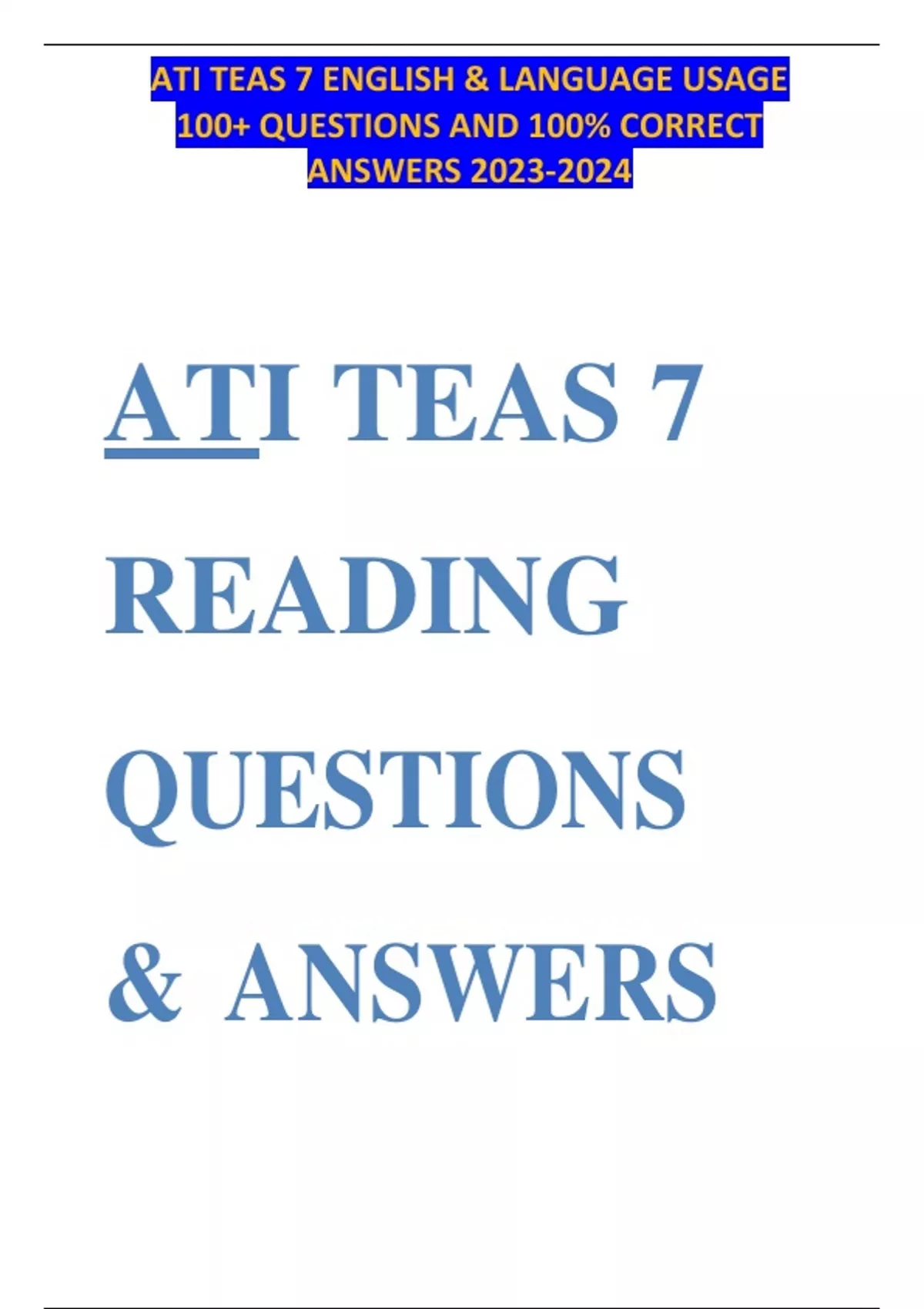 ATI TEAS 7 ENGLISH & LANGUAGE USAGE 100+ QUESTIONS AND 100% CORRECT ANSWERS - WALDEN - Stuvia US