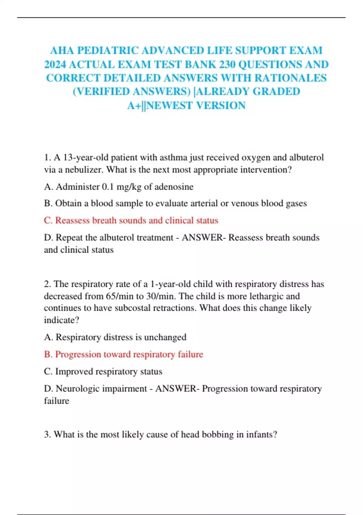 AHA PEDIATRIC ADVANCED LIFE SUPPORT EXAM 2024 ACTUAL EXAM TEST BANK 230 ...