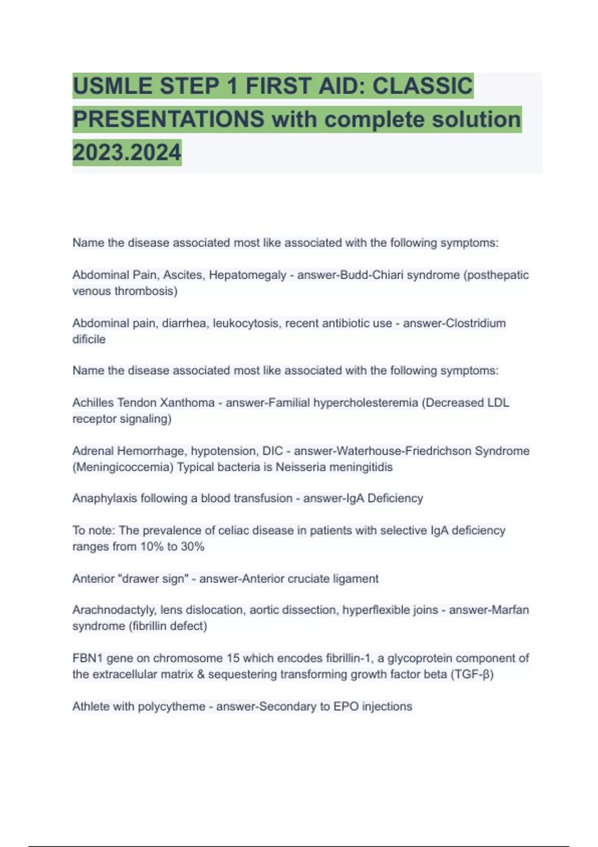 USMLE STEP 1 FIRST AID: CLASSIC PRESENTATIONS with complete solution 2023.2024 - USMLE STEP 1 ...