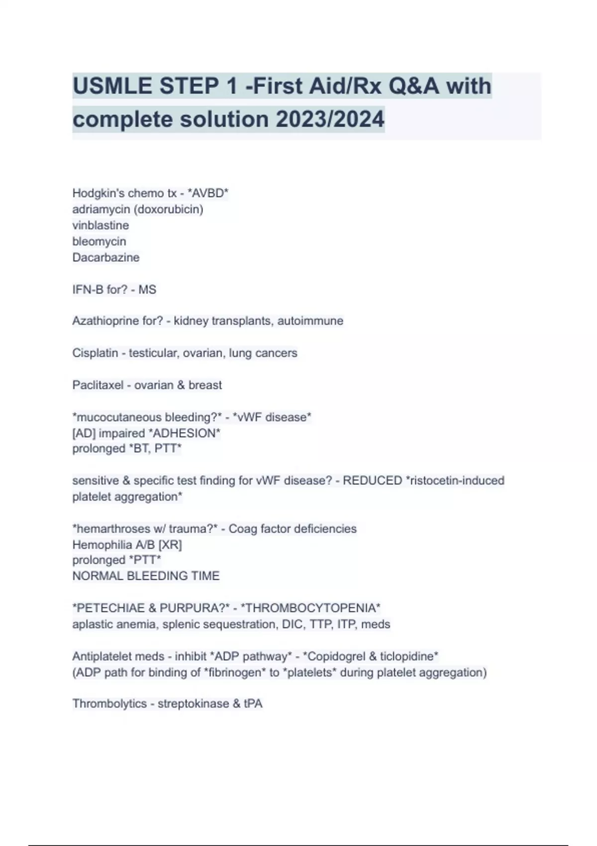 USMLE STEP 1 -First Aid/Rx Q&A with complete solution 2023/2024 - USMLE STEP 1 -First Aid/Rx Q&A ...