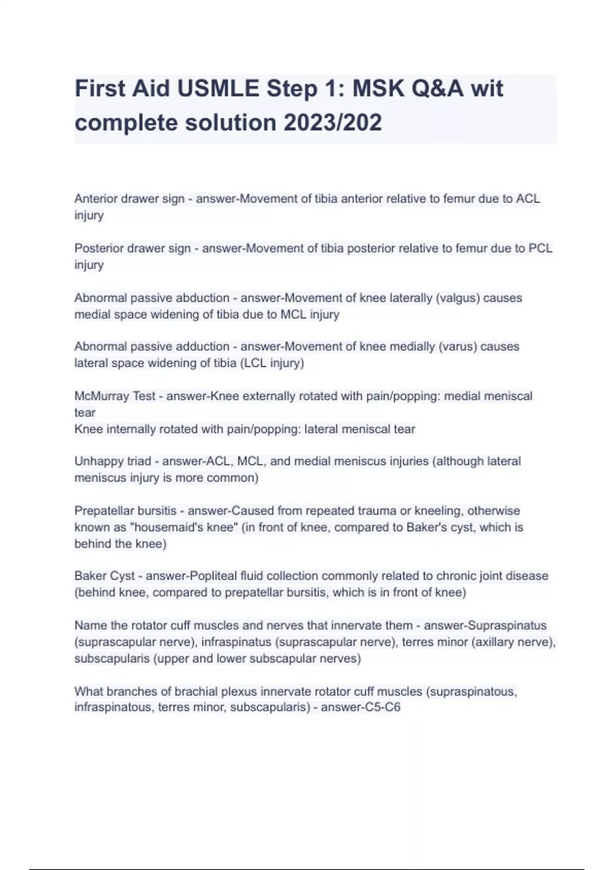 First Aid USMLE Step 1: MSK Q&A wit complete solution 2023/2024 - First ...