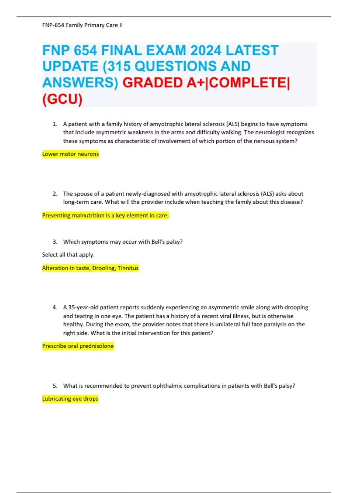 FNP 654 FINAL EXAM 2024 LATEST UPDATE (315 QUESTIONS AND ANSWERS ...