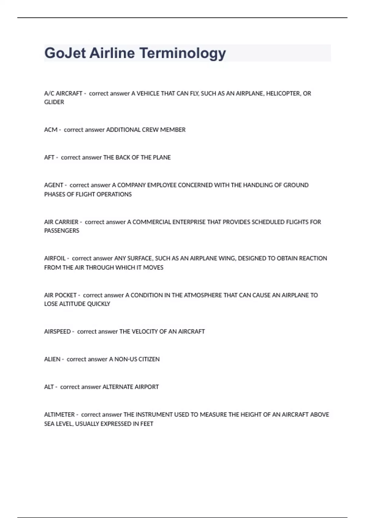 GoJet Airline Terminology Questions with complete solution 2023/2024 ...